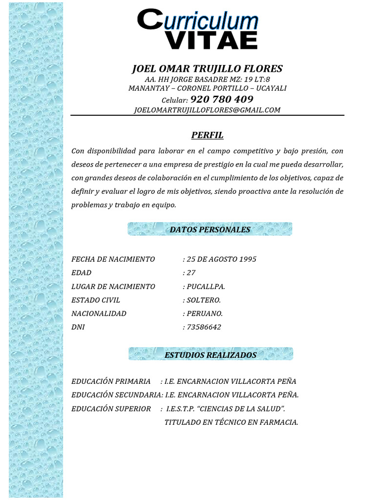 CV Joel Omar Trujillo Flores | PDF | Farmacia | Farmacéutico