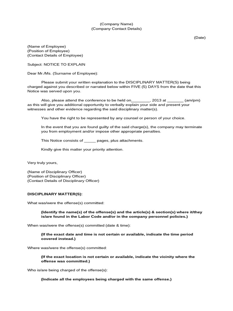 Format of Notice To Explain Letter | PDF | Employment | Justice