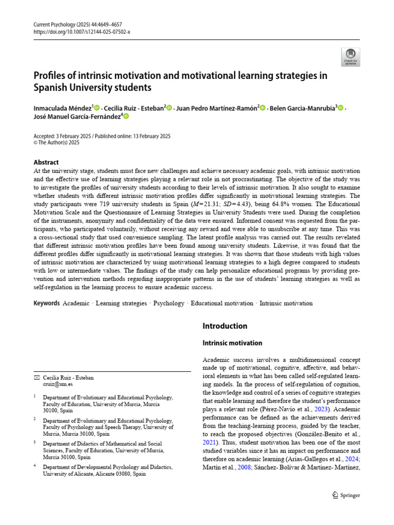 Profiles of Intrinsic Motivation and Motivational Learning Strategies ...