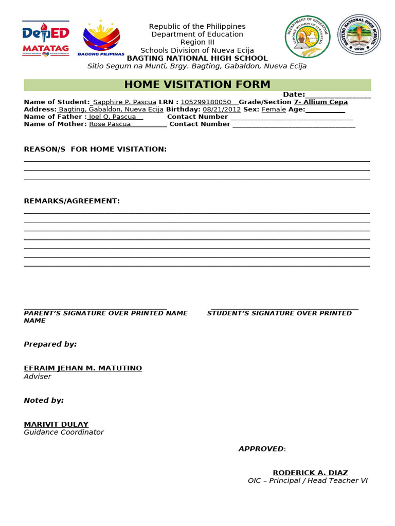 BNHS Home Visitation Form | PDF
