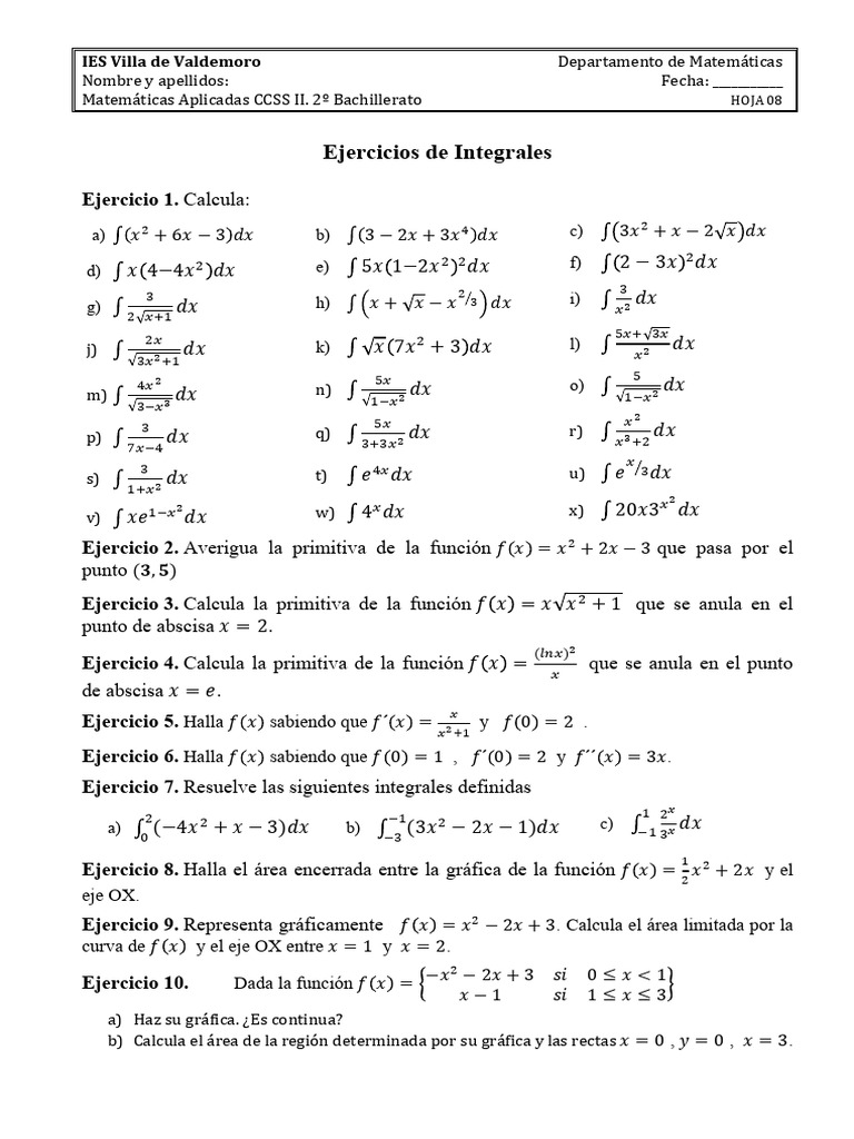Hoja 8. - Ejercicios de Integrales | PDF | Integral | Matemáticas