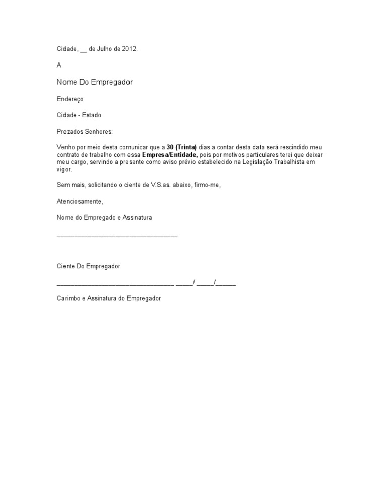 Modelo De Carta De Aviso Prévio Empregado
