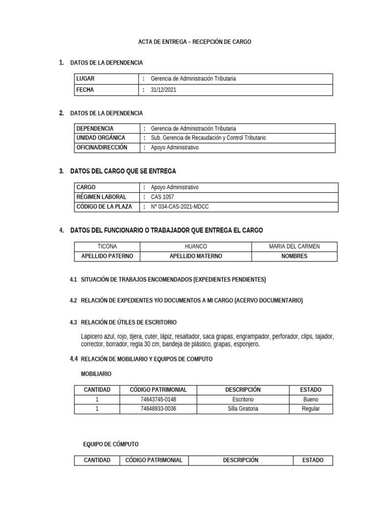 Acta de Entrega de Cargo 2022 | PDF | Informática | Equipo de oficina