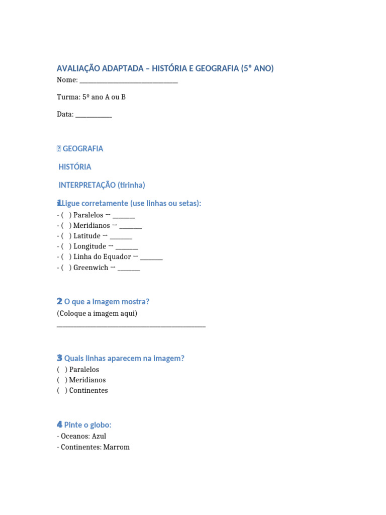 Avaliacao Adaptada Hist Geo 5ano | PDF