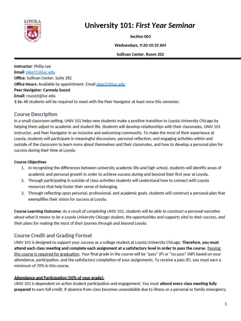 UNIV 101 003 SP26 Syllabus | PDF | Harassment | Violence