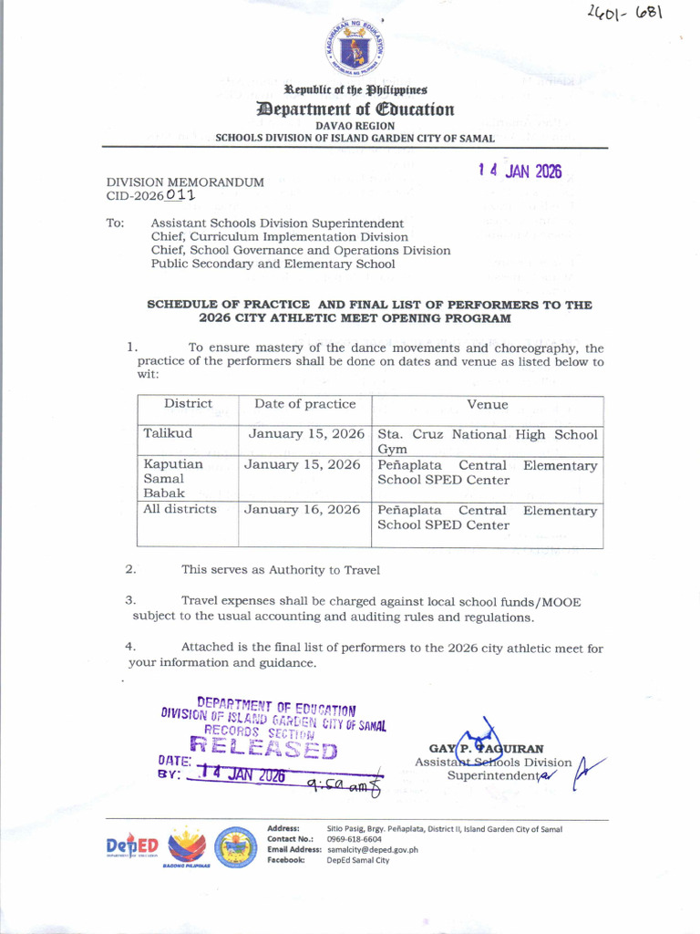 Dm Cid-2026-011 Schedule of Practice and Final List of Performers to ...