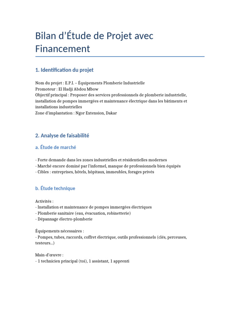 Bilan Etude Projet Plomberie Industrielle | PDF | Plomberie | Économie