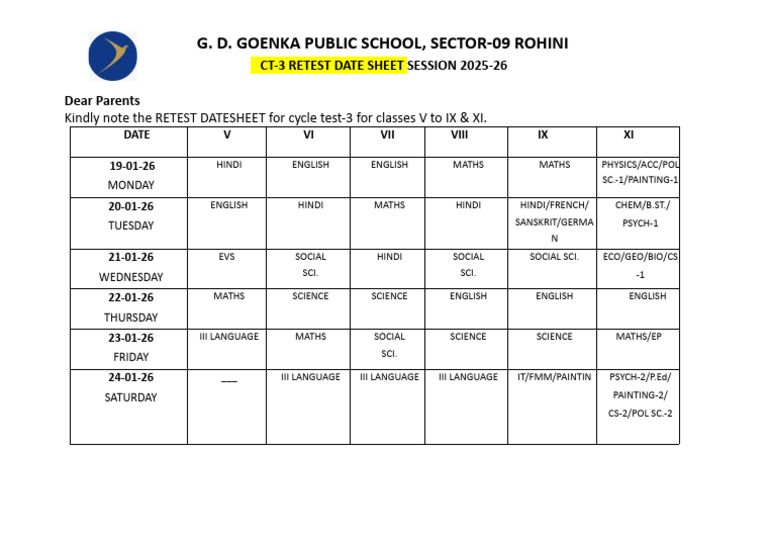 Revised Cycle Test-3 Retest Datesheet (2025-2026) | PDF