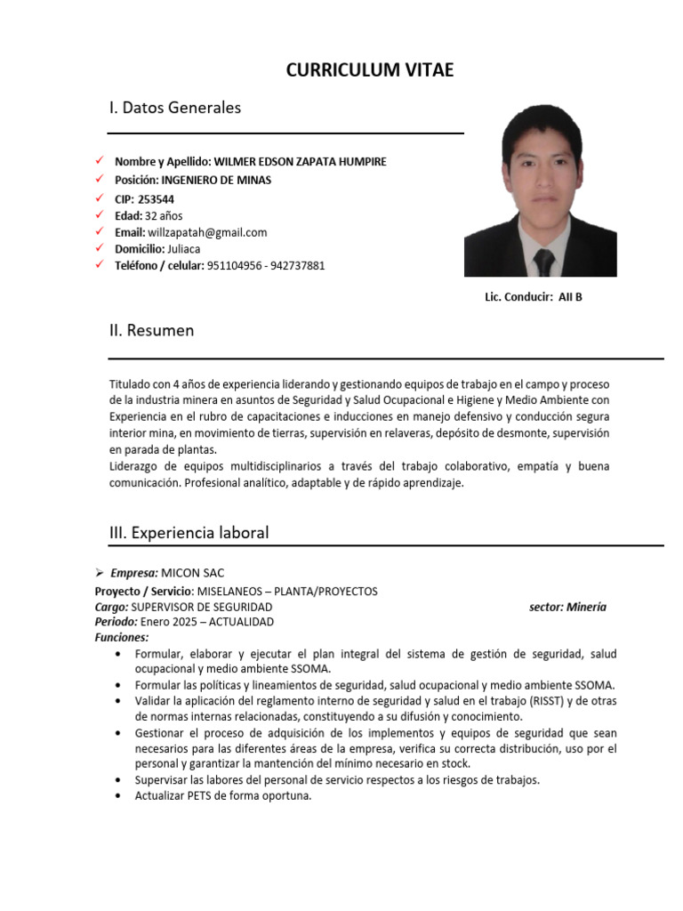 Cv Zapata Humpire Wilmer Edson 2025 | PDF | Seguridad y salud ...