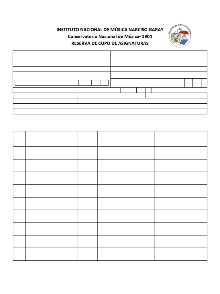 Formulario de Reserva de Cupo de Asignaturas Conservatorio Nac de ...