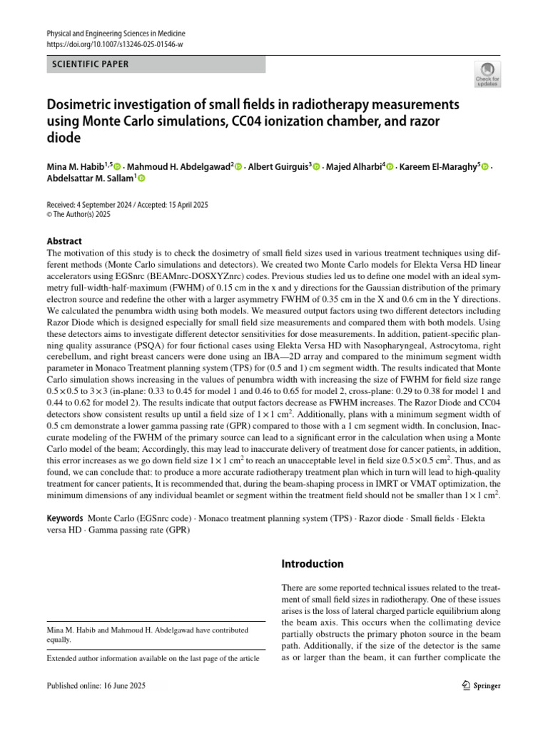 Dosimetric investigation of small fields in radiotherapy measurements ...