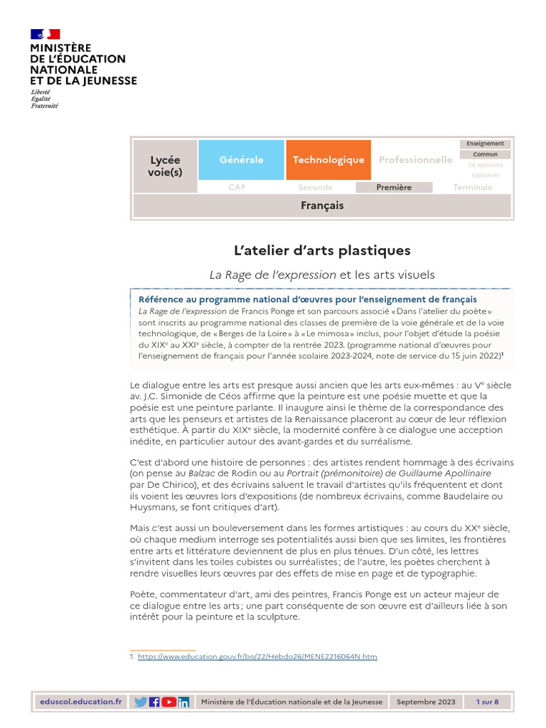 Ra23 Lycee GT 1 Francais Ponge Atelier-Arts-Plastiques | PDF | Poésie ...