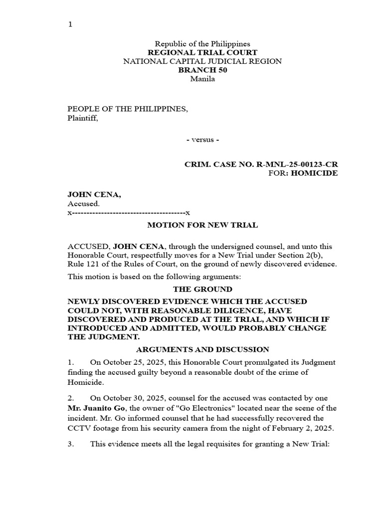 MOTION FOR NEW TRIAL | PDF | Public Law | Legal Procedure