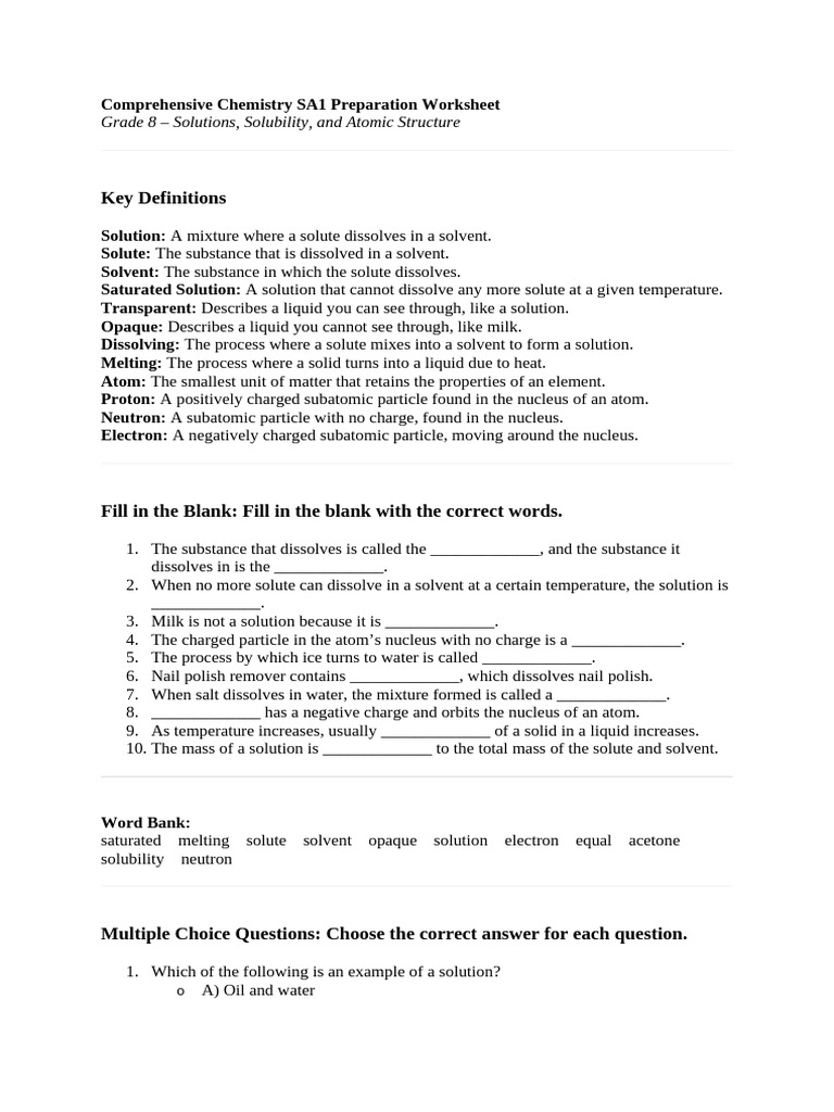 Chemistry SA1 Preparation Worksheet | PDF | Solubility | Atoms
