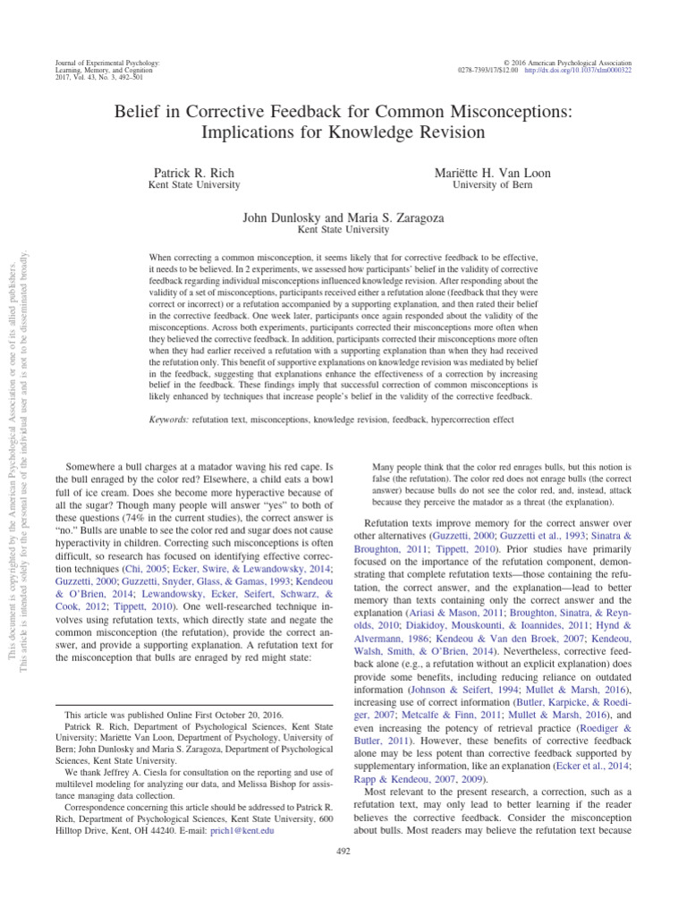 Belief in Corrective Feedback For Common Misconceptions Implications ...