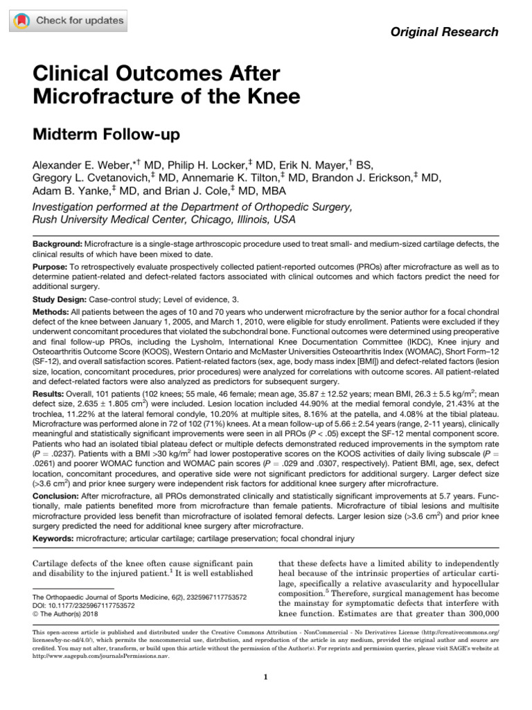Clinical Outcomes After Microfracture of The Knee | PDF | Knee | Medicine