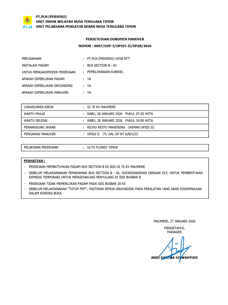 0007 Doc. Panduan Manuver Pemeliharaan Kubikel Bus Section B - GI 70 KV ...