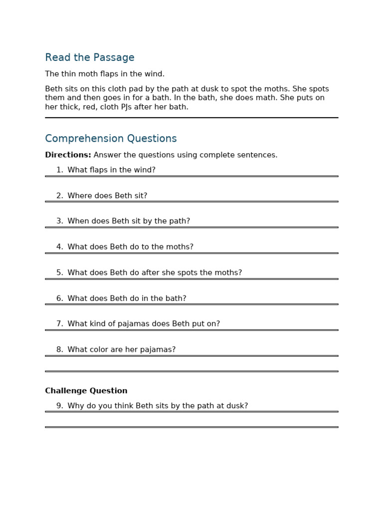 Comprehension Questions - Moth Passage | PDF