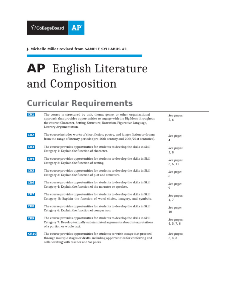 AP English Literature and Composition Miller Jm | PDF | Essays | Poetry