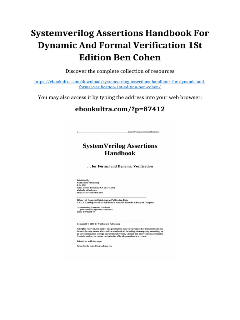 SystemVerilog Assertions Handbook For Dynamic and Formal Verification 1st Edition Ben Cohen ...