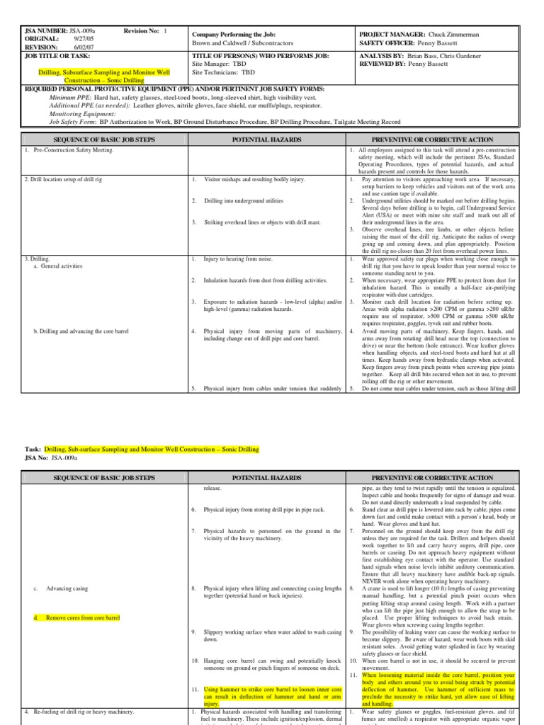 JSA-009a Drilling and Mon Well Construction-Sonic | Personal Protective ...