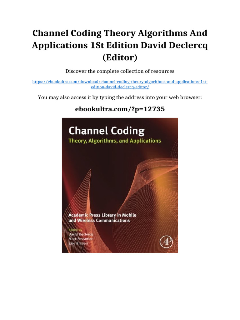 Channel Coding Theory Algorithms and Applications 1st Edition David ...