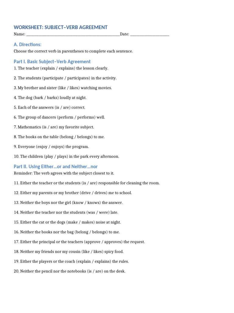 Subject-Verb Agreement Worksheet | PDF