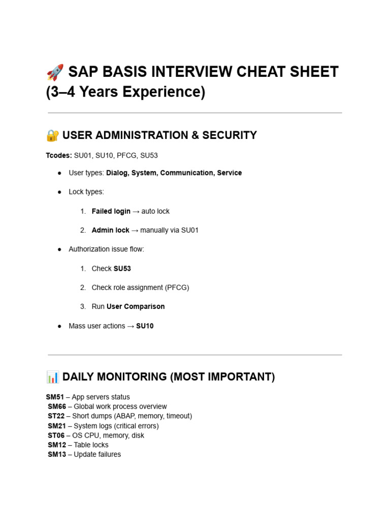 Sap Basis Interview Cheat Sheet 1769950161 | PDF | Operating System ...