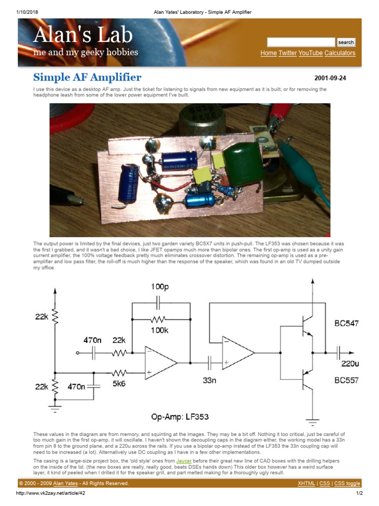 Alan Yates' Laboratory - Simple AF Amplifier | PDF | Operational ...