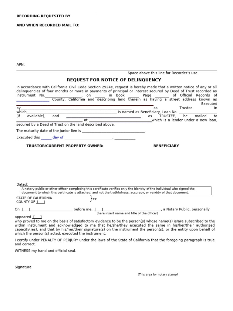 Request For Notice of Delinquency - Real Estate, Real Property | PDF ...