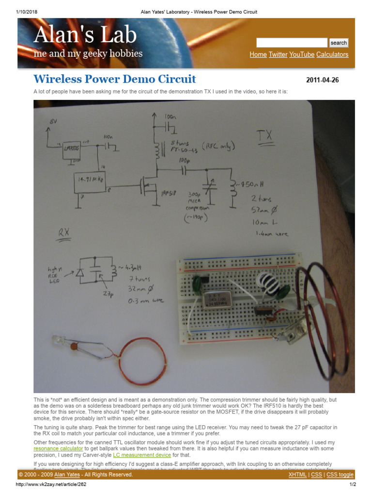 Alan Yates' Laboratory - Wireless Power Demo Circuit | PDF ...