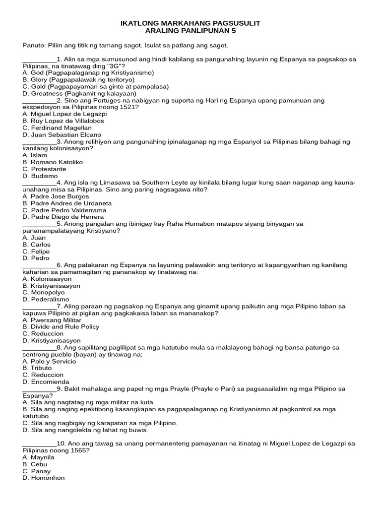 Ikatlong Markahang Pagsusulit - Grade 5 (AP, Fil.,Gmrc) | PDF