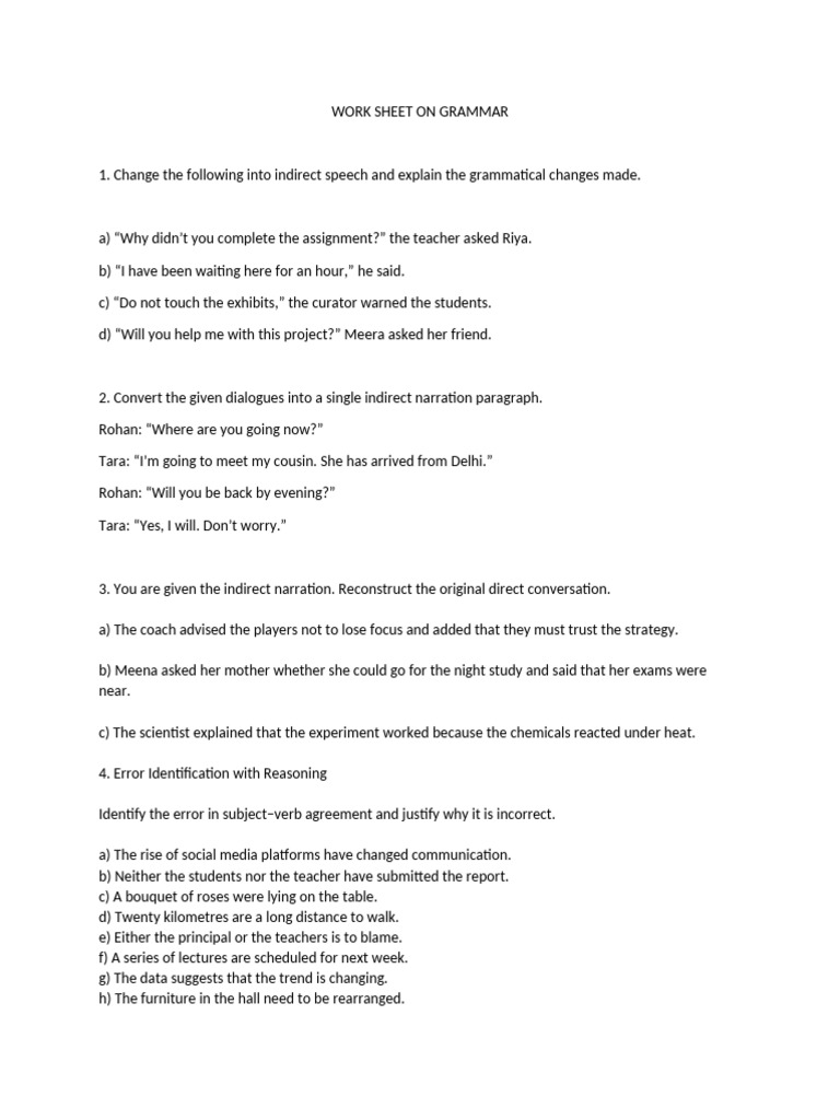 Work Sheet on Grammar | PDF