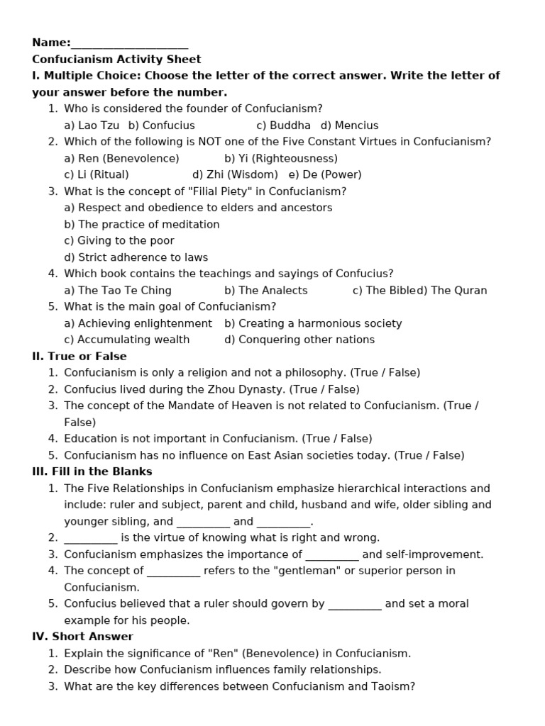 Confucianism Activity Sheet | PDF | Confucianism | Analects