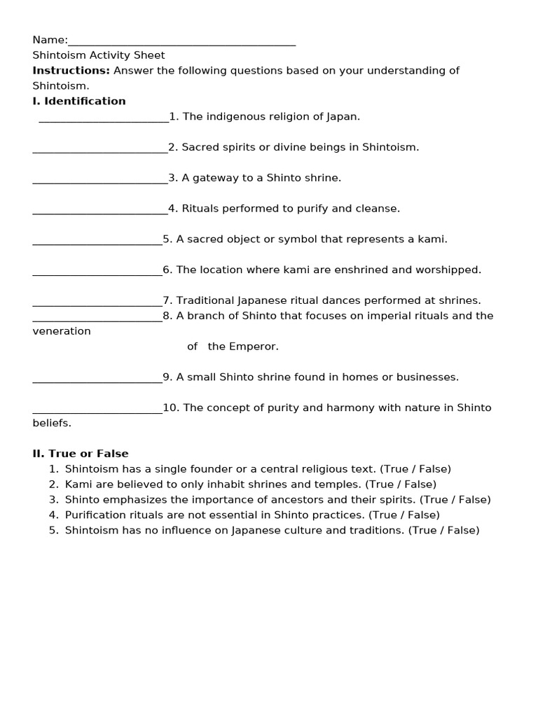 Shintoism Activity Sheet | PDF