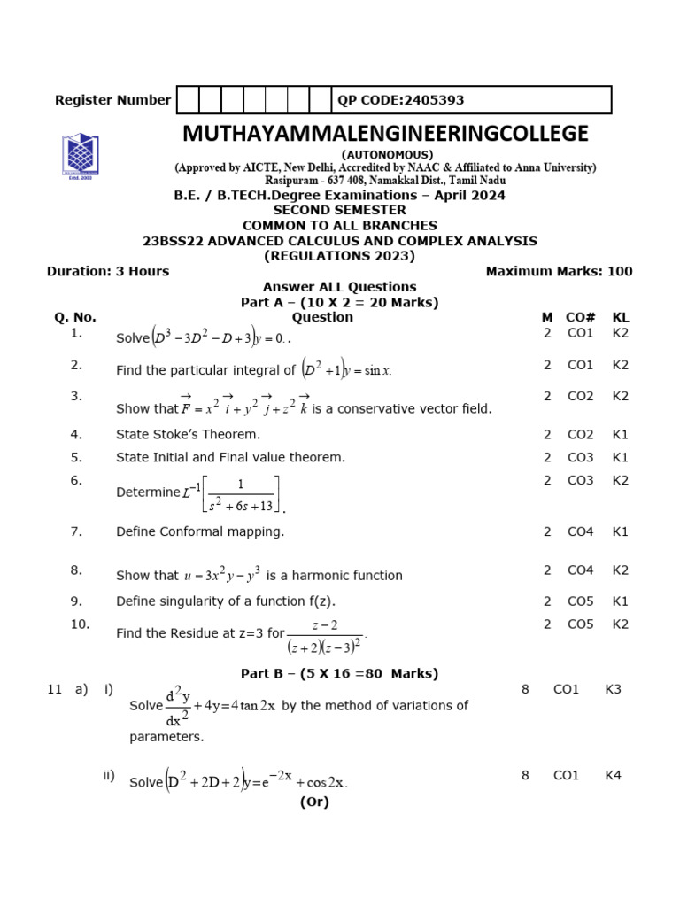 23bss22 Advanced Calculus and Complex Analysis | PDF | Mathematical ...