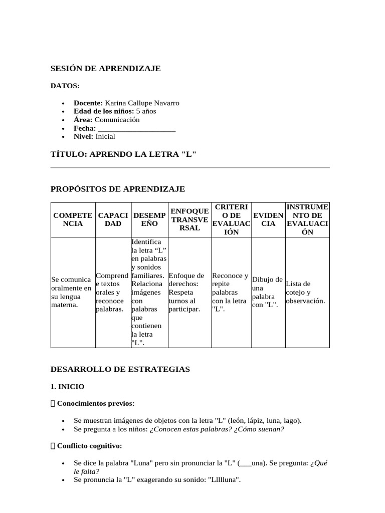 Sesión Com. Aprendo A Leer Con La Letra L 5 Años | PDF | Psicología ...