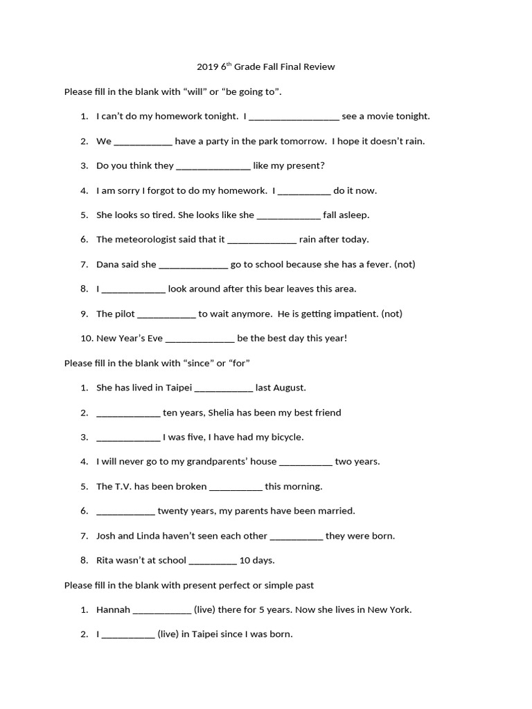 2019 6th Grade Fall Final Review | PDF