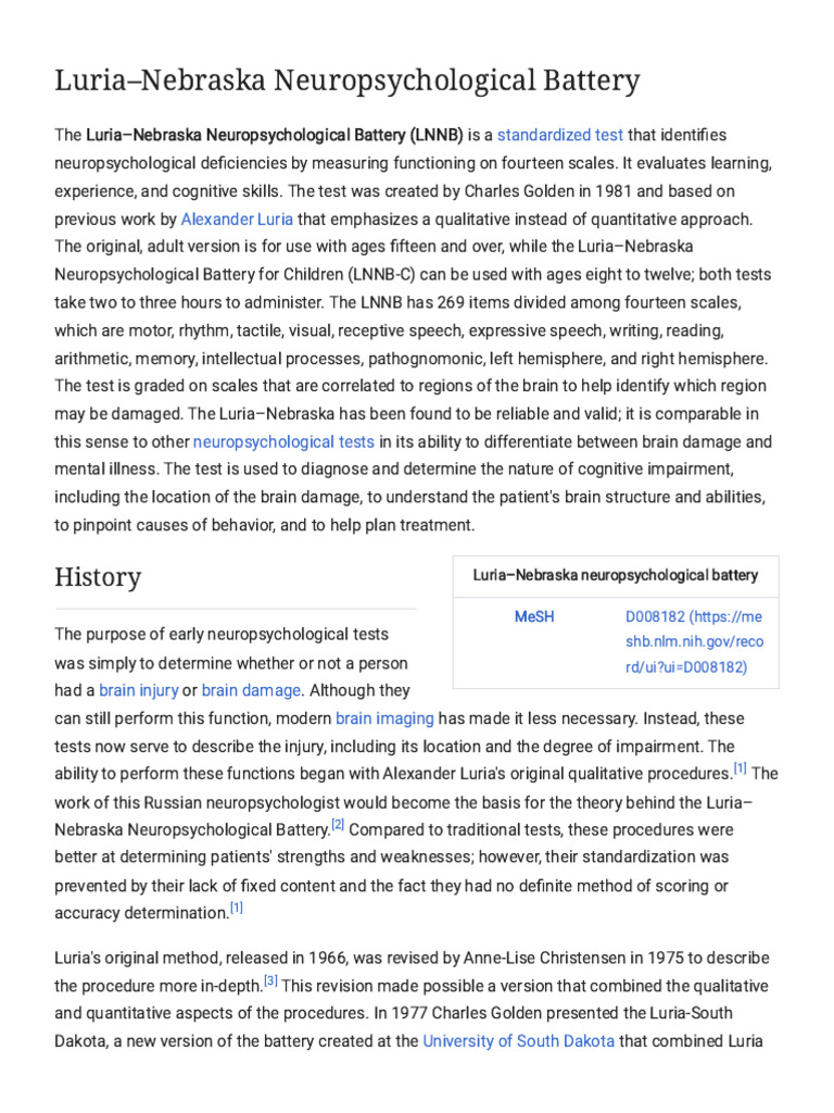 Luria-Nebraska Neuropsychological Battery - Wikipedia | PDF | Cognition ...