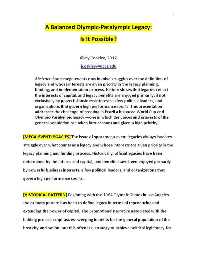 A Balanced Olympic-Paralympic Legacy: Is It Possible? | PDF | Sports ...
