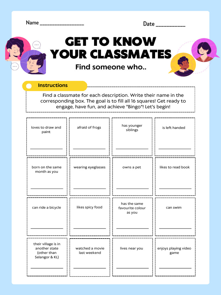 Get To Know Your Classmates Icebreaker Worksheet | PDF
