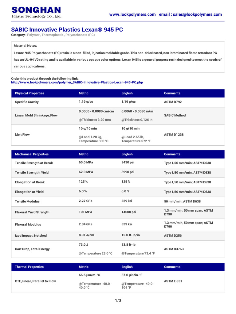 SABIC Innovative Plastics Lexan 945 PC | PDF | Strength Of Materials ...