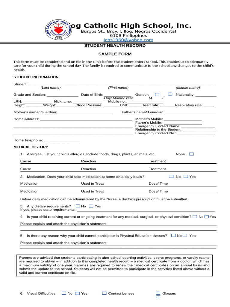 Student Health Record Sample Form | PDF | Dose (Biochemistry) | Chemistry