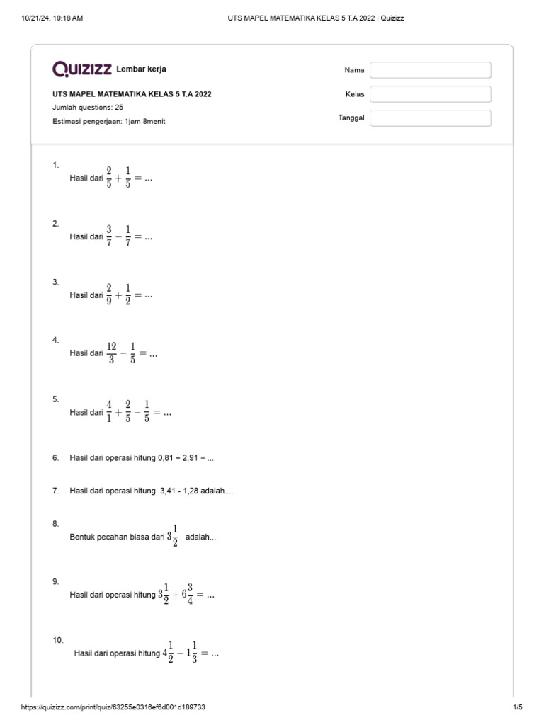 Uts Mapel Matematika Kelas 5 T.A 2022 - Quizizz | PDF