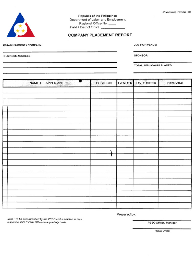 JF Monitoring Form 004 - Company Placement Report | PDF
