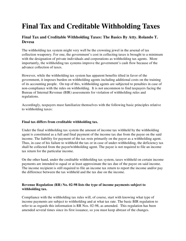 Final Tax and Creditable Withholding Taxes | Withholding Tax | Income Tax