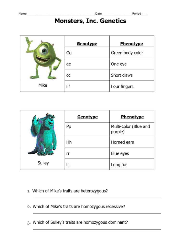 Monsters, Inc. Genetics Worksheet - Genotypes & Phenotypes | PDF