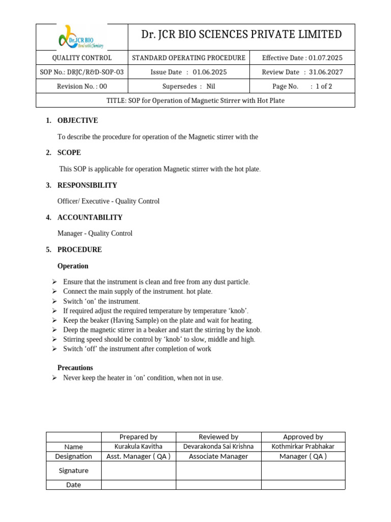 SOP For Magnetic Stirrer With Hot Plate @ | PDF