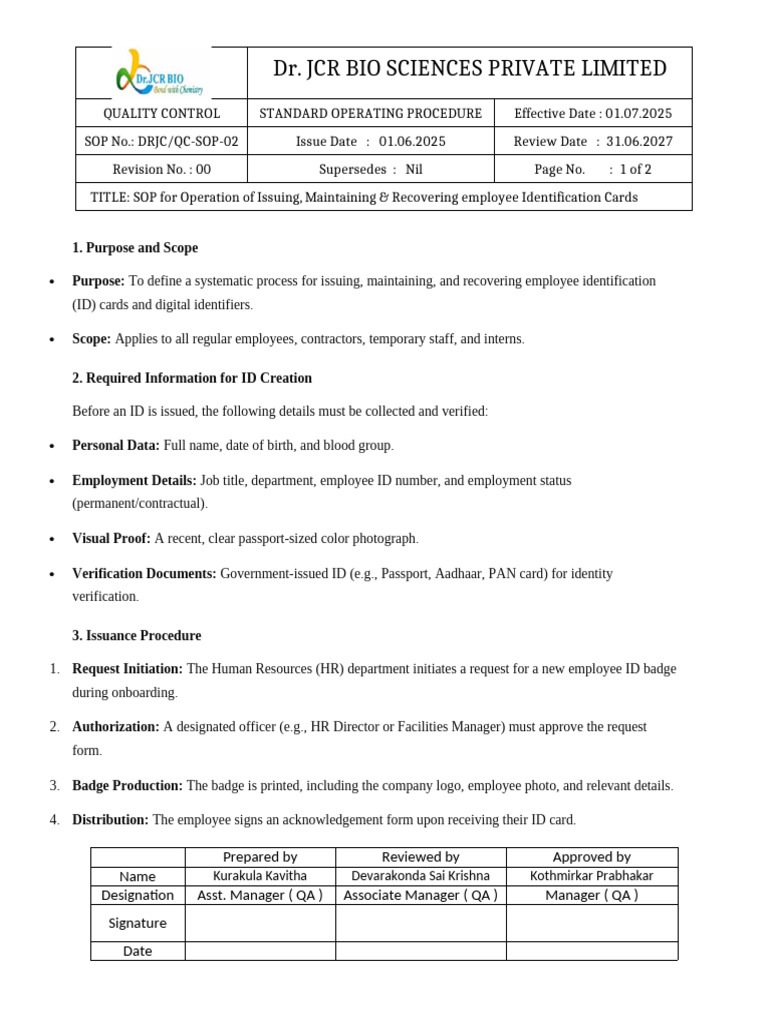 Employee ID Cards Issuing SOP | PDF | Identity Document | Government ...