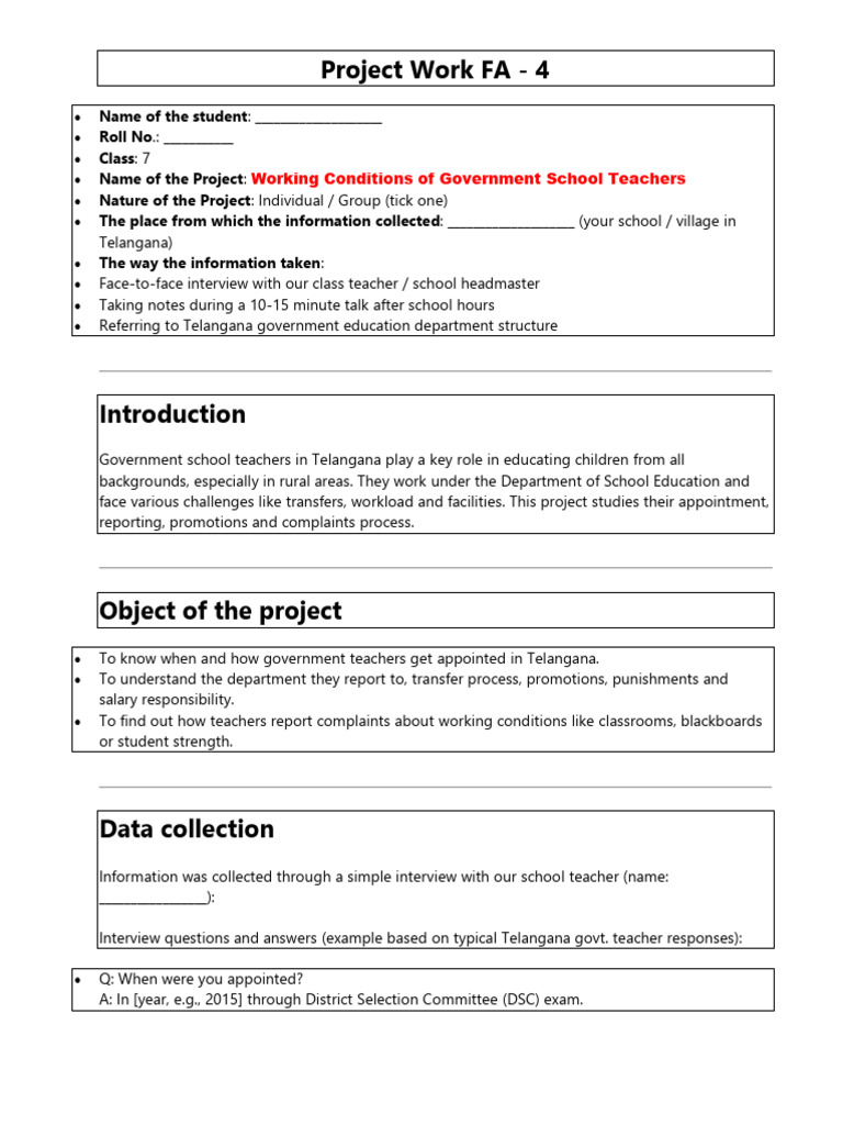 Project Work FA 4 7th Class | PDF | Teachers